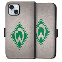 DeinDesign iPhone 15 Handy Klapph&uuml;lle Handyh&uuml;lle aus Kunst Leder schwarz Flip Case Concrete Official Licensed Product Sv Werder Bremen Sideflip mit Lasche