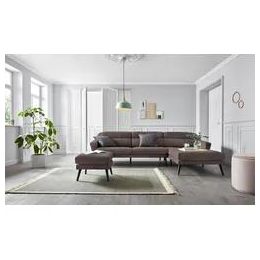 Ecksofa Andas "Bille L-Form" Sofas Gr. B/H/T: 302cm x 86cm x 178cm, Samtoptik, Recamiere rechts, braun mit Naht im Rückenkissen und Beinen aus Eichenholz