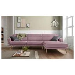 Ecksofa Andas "Bille L-Form" Sofas Gr. B/H/T: 302cm x 86cm x 178cm, Struktur fein, Recamiere rechts, rosa (rosé) mit Naht im Rückenkissen und Beinen aus Eichenholz