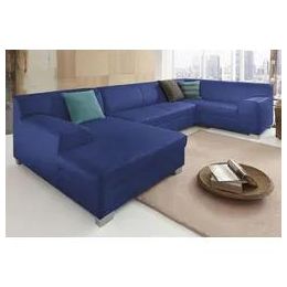 Wohnlandschaft DOMO collection "Amando U-Form" Sofas Gr. B/H/T: 332cm x 74cm x 182cm, Microfaser PRIMABELLE, Recamiere links, ohne Bettfunktion, blau wahlweise mit Bettfunktion, frei im Raum stellbar