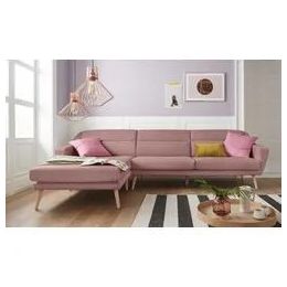 Ecksofa Andas "Bille L-Form" Sofas Gr. B/H/T: 302cm x 86cm x 178cm, Luxus-Microfaser weich, Recamiere links, rosa (rosé) mit Naht im Rückenkissen und Beinen aus Eichenholz