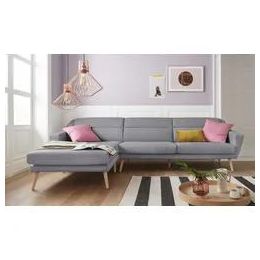 Ecksofa Andas "Bille L-Form" Sofas Gr. B/H/T: 302cm x 86cm x 178cm, Luxus-Microfaser weich, Recamiere links, grau (hellgrau) mit Naht im Rückenkissen und Beinen aus Eichenholz