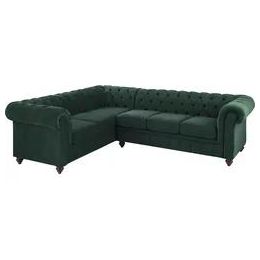 Chesterfield-Sofa Home Affaire "Duc Ecksofa L-Form" Sofas Gr. B/H/T: 255 cm x 74 cm x 214 cm, Samtoptik, langer Schenkel rechts, grün hochwertige Knopfheftung im Rücken, Samtoptik mit changierender Optik