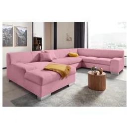 Wohnlandschaft DOMO collection "Bero U-Form" Sofas Gr. B/H/T: 328cm x 74cm x 212cm, Feinstruktur, Recamiere links, ohne Bettfunktion, rosa (flamingo) wahlweise mit Bettfunktion