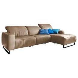 Ecksofa Home Affaire "Juist L-Form" Sofas Gr. B/H/T: 290 cm x 85 cm x 180 cm, NaturLEDER, Recamiere rechts, ohne Relaxfunktion, braun (macciato) mit Kopfteilverstellung und schwarzen Metallkufen