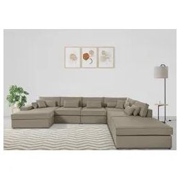 Wohnlandschaft RAUM.ID "Enid U-Form" Sofas Gr. B/H: 460cm x 75cm, Struktur (recyceltes Polyester), Ottomane links, grau (taupe) 6 Teile, bestehend aus Modulen, in vielen Bezügen, auch Breitcord