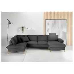 Wohnlandschaft 3C Candy "Lecce, wahlweise PUR-Schaumstoff oder Tonnentaschenfederkern U-Form" Sofas Gr. B/H/T: 339cm x 86cm x 220cm, Feincord, Longchair rechts, Sitzaufbau PUR-Schaumstoff, schwarz Bettkasten in Umbauecke und Longchair, sowie Querschläfer im 2-Sitzer