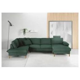 Wohnlandschaft 3C Candy "Lecce, wahlweise PUR-Schaumstoff oder Tonnentaschenfederkern U-Form" Sofas Gr. B/H/T: 339cm x 86cm x 220cm, Feincord, Longchair rechts, Sitzaufbau PUR-Schaumstoff, grün Bettkasten in Umbauecke und Longchair, sowie Querschläfer im 2-Sitzer