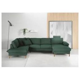 Wohnlandschaft 3C Candy "Lecce, wahlweise PUR-Schaumstoff oder Tonnentaschenfederkern U-Form" Sofas Gr. B/H/T: 339cm x 86cm x 220cm, Feincord, Longchair rechts, Sitzaufbau mit Tonnentaschenfederkern, grün Bettkasten in Umbauecke und Longchair, sowie Querschläfer im 2-Sitzer