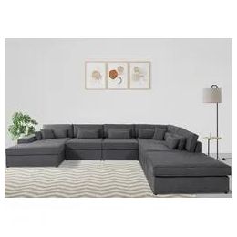 Wohnlandschaft RAUM.ID "Enid U-Form" Sofas Gr. B/H: 460cm x 75cm, Struktur, Ottomane links, schwarz 6 Teile, bestehend aus Modulen, in vielen Bezügen, auch Breitcord