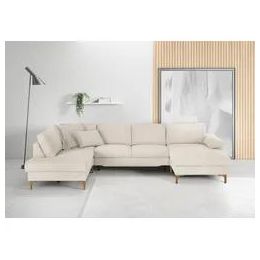 Wohnlandschaft 3C Candy "Lecce, wahlweise PUR-Schaumstoff oder Tonnentaschenfederkern U-Form" Sofas Gr. B/H/T: 339cm x 86cm x 220cm, Feincord, Longchair rechts, Sitzaufbau mit Tonnentaschenfederkern, weiß Bettkasten in Umbauecke und Longchair, sowie Querschläfer im 2-Sitzer