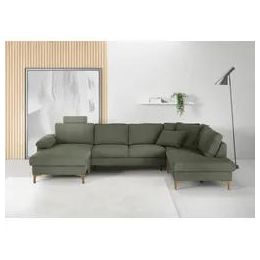 Wohnlandschaft 3C Candy "Lecce, wahlweise PUR-Schaumstoff oder Tonnentaschenfederkern U-Form" Sofas Gr. B/H/T: 339cm x 86cm x 220cm, Feincord, Longchair links, Sitzaufbau mit Tonnentaschenfederkern, grün (oliv) Bettkasten in Umbauecke und Longchair, sowie Querschläfer im 2-Sitzer