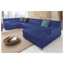 Wohnlandschaft DOMO collection "Amando U-Form" Sofas Gr. B/H/T: 332cm x 74cm x 182cm, Microfaser PRIMABELLE, Recamiere rechts, mit Bettfunktion, blau wahlweise mit Bettfunktion, frei im Raum stellbar