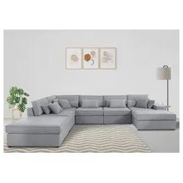 Wohnlandschaft RAUM.ID "Florid U-Form" Sofas Gr. B/H/T: 360cm x 75cm x 260cm, Struktur (recyceltes Polyester), Ottomane rechts, silberfarben (silber) 6 Teile, bestehend aus Modulen, viele Bezugsqualitäten, auch in Cord