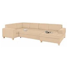 Wohnlandschaft Home Affaire "Corby U-Form" Sofas Gr. B/H/T: 333cm x 80cm x 199cm, NaturLEDER, Recamiere rechts, mit Bettfunktion-mit Bettkasten, beige (creme) wahlweise mit Bettfunktion, Steppung auf Sitzfläche