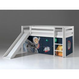 Lomadox Spielbett Kinderzimmer mit Rutsche PINOO-12Textil Set Spaceman in Kiefer massiv weiß lackiert, b/h/t: ca. 210/114/218 cm - weiß