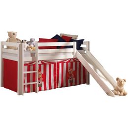 Lomadox Hochbett Kinderzimmer mit Textils Set Zirkus PINOO-12 in Kiefer massiv weiß lackiert incl. Rutsche, b/h/t: ca. 210/114/218 cm - weiß