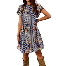 ZWY A-Linien-Kleid Bedrucktes Damenkleid mit kurzen Ärmeln und Rundhalsausschnitt