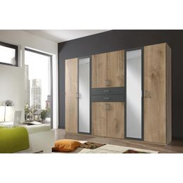 Kleiderschrank wimex "Diver Drehtürenschrank mit Spiegel und Schubladen Garderobe" Schränke Gr. B/H/T: 270 cm x 207 cm x 58 cm, 8 St., grau (plankeneichefarben, graphit) Bestseller Schrank Schlafzimmerschrank in Breite 225cm und 270cm