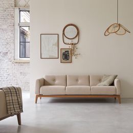 Tikamoon 3-Sitzer-Sofa Bjorn aus massiver Eiche und ecrufarbenem Stoff