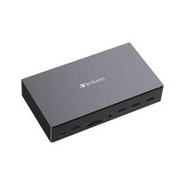 Verbatim USB-C Pro Docking Station CDS-17, 17 Port , Dockingstation aluminium/schwarz, HDMI, DP, RJ-45, USB-A, USB-C, SD, microSD, Audio Geeignet für: MacBook, Notebook, Tablet, Smartphone mit USB-C Anschluss Anschlüsse: 1x RJ-45, 2x DisplayPort-Ausgang, 3x HDMI-Ausgang, 2x USB-A 2.0, 2x USB-A 3.2 (5 Gbit/s), 1x USB-A 3.2 (10 Gbit/s), 1x USB-C 3.2 (10 Gbit/s) Stromversorgung: USB-Betrieb Typ: Dockingstatio