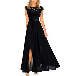BlauWave Spitzenkleid Lange Abendkleider mit hoher Taille aus Spitze (1-tlg) Damen kleider festlich elegant mit Chiffon Spitzen