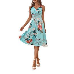 BlauWave Abendkleid V-Ausschnitt hohe Taille Ärmelloses Cocktailkleid Rüschensaum-kleid (1-tlg) Damen Freizeit Sommerkleid PartyKleid Gemustertes Kleid Druckkleid
