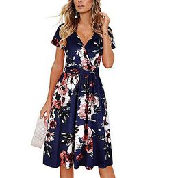 BlauWave Sommerkleid Bedrucktes Kleid mit V-Ausschnitt geblümtes MidiWickelkleid mit Tasche (1-tlg) Lockere Kurzarm-Blumenkleider für den Sommer