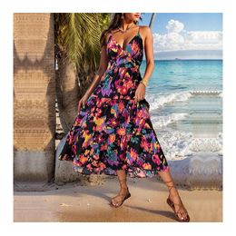 AFAZ New Trading UG Sommerkleid Frauen Mode drucken einen langen Offener Hosenträger vor -Back -Kleid Damen Casual Split -Shoulder Slim Rock
