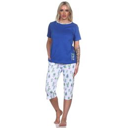 Normann Pyjama Damen Capri Kurzarm Schlafanzug mit Kaktus als Motiv