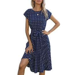 BlauWave Midikleid Kleid mit Rundhalsausschnitt und Tupfenmuster (1-tlg) Damen mittellanger Sommer Vintage Faltenrock