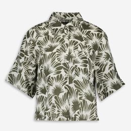 TK Maxx Beige-dunkelgrünes Cropped Fit Hemd aus Leinen mit Muster
