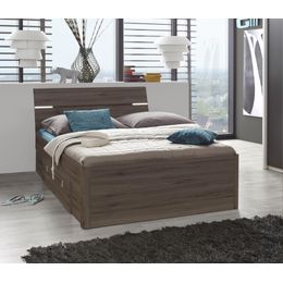 Stauraumbett Schlafkontor "Mars", braun (eichefarben san remo dunkel), B:146cm H:97cm L:216cm, Betten, inklusive 2 Schubkästen und LED-Beleuchtung