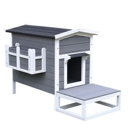 PawHut Katzenhaus mit Terrasse und Balkon grau, weiß 115 x 66,5 x 74,7 cm (LxBxH)