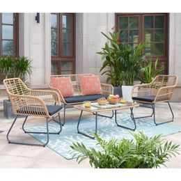 Polyrattan Garnitur MCW-G17a, Garten Sofa Set Sitzgruppe Stuhl, Seil ~ naturfarben, Polster anthrazit mit Dekokissen