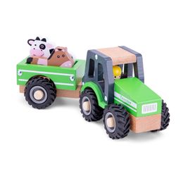 Traktor aus Holz mit Anhänger und Tieren einer Kuh und einem Pferd