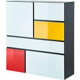 Highboard, mit 3 Türen, 1 Schublade und 1 Klappe, Glasfront- und auflage, B 1200 x T 400 x H 1300 mm, schwarz/weiß/gelb/rot
