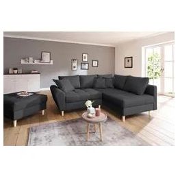 Ecksofa Home Affaire "Rice L-Form" Sofas Gr. B/H/T: 223cm x 47cm x 184cm, Struktur fein, Ottomane beidseitig montierbar, grau (anthrazit) mit Bonnellfederkern, Hocker & Kissen, Ottomane beidseitig montierbar