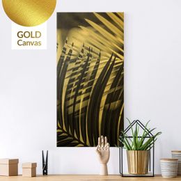 Bilderwelten Leinwandbild Natur Tropisch Kunstdruck gold - Schattenspiel auf Palmenwedel - Palme XXL Wohnzimmer Schlafzimmer