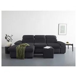 Ecksofa COTTA "Lola L-Form" Sofas Gr. B/H/T: 250cm x 73cm x 165cm, Microfaser PRIMABELLE, Recamiere links, Mit Bettfunktion-Mit Bettkasten-Ohne Armteilverstellung, grau (lava) mit Hocker & Kopfteilfunktion, wahlw. Bett- und Armteilfunktion