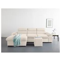 Ecksofa COTTA "Lola L-Form" Sofas Gr. B/H/T: 250cm x 73cm x 165cm, Chenille-Struktur, Recamiere links, Mit Bettfunktion-Mit Bettkasten-Ohne Armteilverstellung, beige (nature) mit Hocker & Kopfteilfunktion, wahlw. Bett- und Armteilfunktion