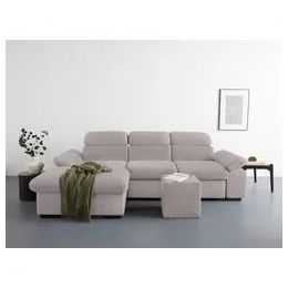 Ecksofa COTTA "Lola L-Form" Sofas Gr. B/H/T: 250cm x 73cm x 165cm, Struktur, Recamiere links, Mit Bettfunktion-Mit Bettkasten-Mit Armteilverstellung, grau (stone) mit Hocker & Kopfteilfunktion, wahlw. Bett- und Armteilfunktion