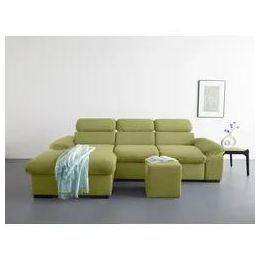 Ecksofa COTTA "Lola L-Form" Sofas Gr. B/H/T: 250cm x 73cm x 165cm, Chenille-Struktur, Recamiere links, Mit Bettfunktion-Mit Bettkasten-Ohne Armteilverstellung, grün mit Hocker & Kopfteilfunktion, wahlw. Bett- und Armteilfunktion