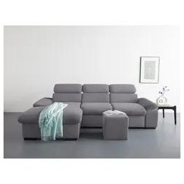 Ecksofa COTTA "Lola L-Form" Sofas Gr. B/H/T: 250cm x 73cm x 165cm, Chenille-Struktur, Recamiere links, Mit Bettfunktion-Mit Bettkasten-Ohne Armteilverstellung, grau (stone) mit Hocker & Kopfteilfunktion, wahlw. Bett- und Armteilfunktion