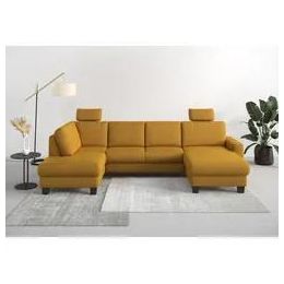 Wohnlandschaft Home Affaire "Summer U-Form" Sofas Gr. B/H/T: 314 cm x 91 cm x 170 cm, Breitcord, Recamiere rechts, ohne Bettfunktion-ohne Bettkasten-mit Federkern, gelb (mustard) mit oder ohne Bettfunktion und Bettkasten, wengefarbene Holzfüße