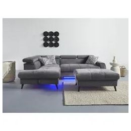 Ecksofa COTTA "Mia L-Form" Sofas Gr. B/H/T: 244cm x 74cm x 193cm, Chenille, Ottomane links, Mit Bettfunktion-mit Bettkasten-mit RGB-LED-Beleuchtung-mit Wireless Charger, grau (stone) 3-tlg.-Kissen-Set, Ottomane, wahlweise mit oder ohne RGB-Beleuchtung