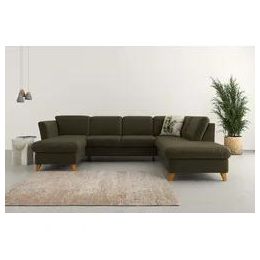 Wohnlandschaft Home Affaire "Trelleborg U-Form" Sofas Gr. B/H/T: 307cm x 86cm x 213cm, Struktur, Ottomane rechts, mit Bettfunktion-mit Stauraum, grün (olive) Federkern-Polsterung, wahlweise mit Bettfunktion und Stauraum