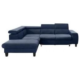 Ecksofa COTTA "Morven L-Form" Sofas Gr. B/H/T: 249cm x 75cm x 207cm, Samtvelours, Ottomane links, mit Bettfunktion-mit Bettkasten-mit Ladestation-mit Kopfteilverstellung, blau Kopfteilverstellung, wahlweise mit Bettfunktion und Bettkasten