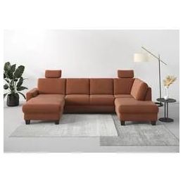 Wohnlandschaft Home Affaire "Summer U-Form" Sofas Gr. B/H/T: 314 cm x 91 cm x 170 cm, Feincord, Recamiere links, ohne Bettfunktion-ohne Bettkasten-mit Federkern, rosegold (kupfer) mit oder ohne Bettfunktion und Bettkasten, wengefarbene Holzfüße