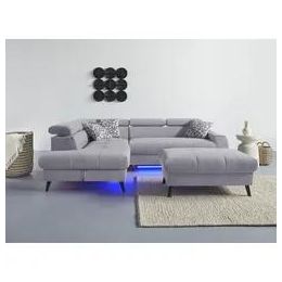 Ecksofa COTTA "Mia L-Form" Sofas Gr. B/H/T: 244cm x 74cm x 193cm, Microfaser, Ottomane links, Ohne Bettfunktion-ohne Bettkasten-mit RGB-LED-Beleuchtung-mit Wireless Charger, grau (stone) 3-tlg.-Kissen-Set, Ottomane, wahlweise mit oder ohne RGB-Beleuchtung